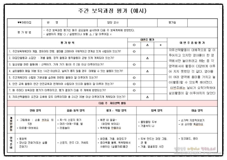 평가인증 보육과정평가주평가월평가교사평가 작성하는 방법 네이버 블로그