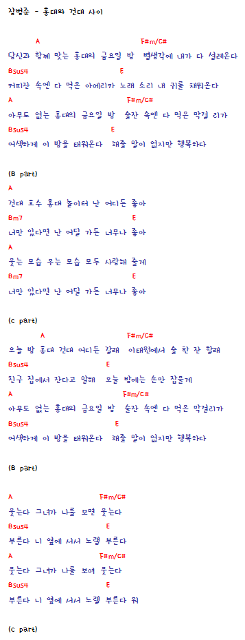 장범준 홍대와 건대 사이 기타코드악보가사 네이버 블로그